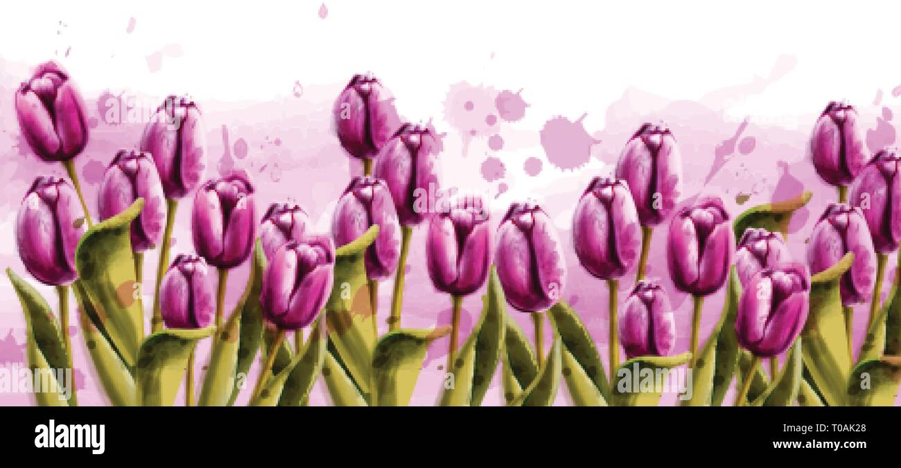 Pink tulips spring background Vector watercolor. Beautiful banner ...