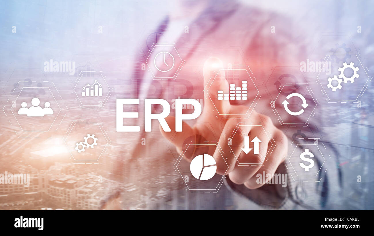 ERP system, Enterprise resource planning on blurred background. Business automation and ...