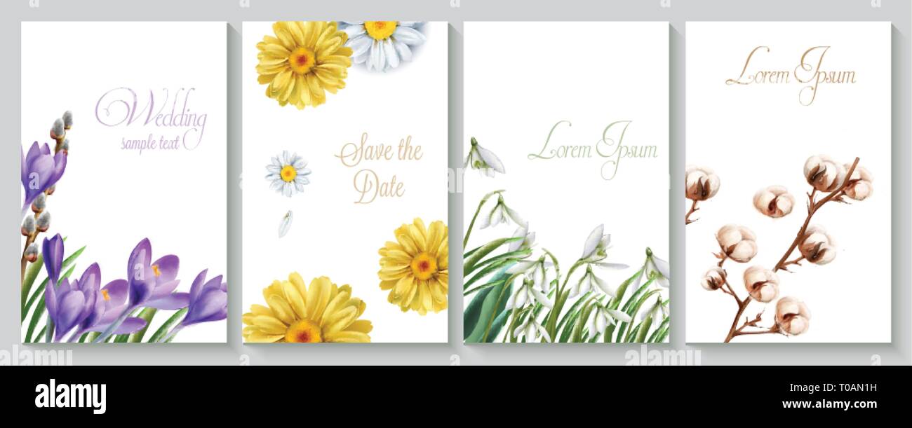 Vector Vertical wedding invitation card set with crocus, daisy, cotton ...
