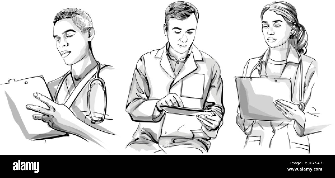 Doctors working set Vector sketch storyboard. Detailed character ...