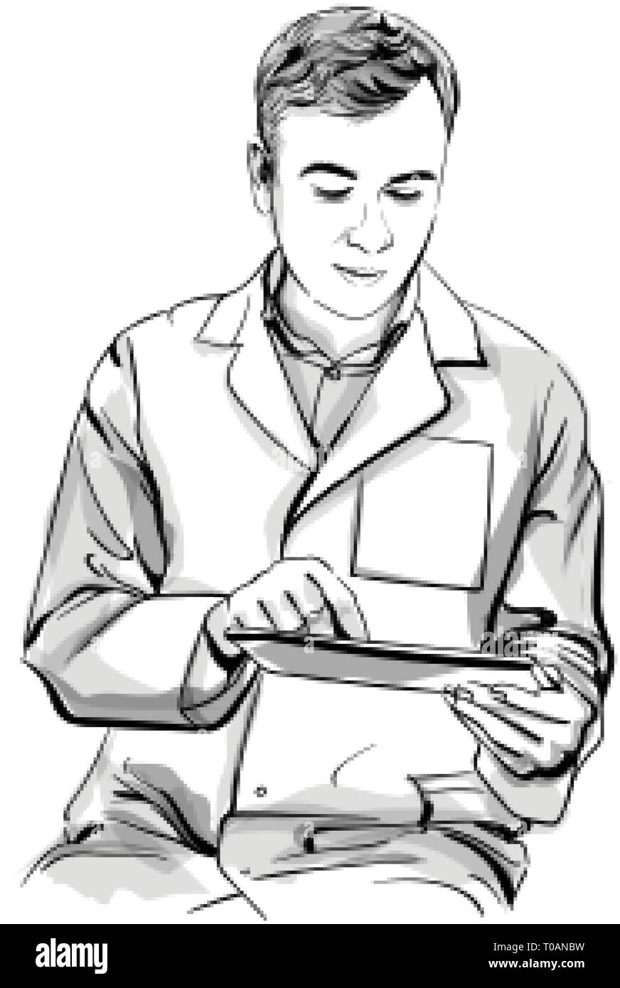 Doctor working on a tablet Vector sketch storyboard. Detailed character ...