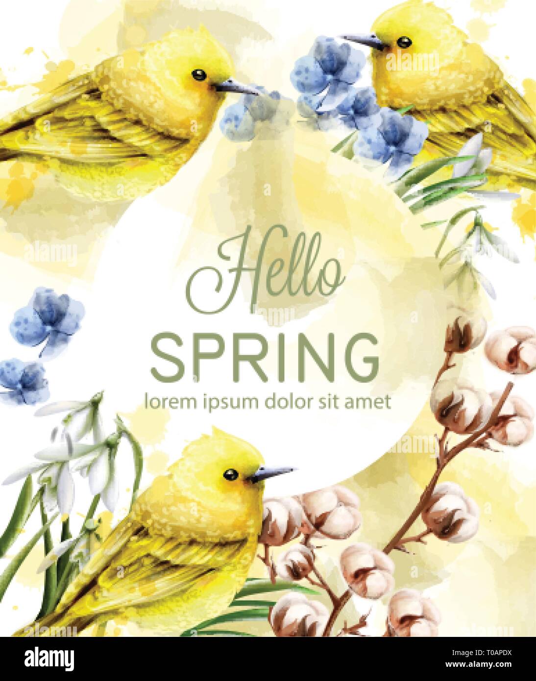 Hello spring card watercolor Vector with cute birds and flowers. Golden ...