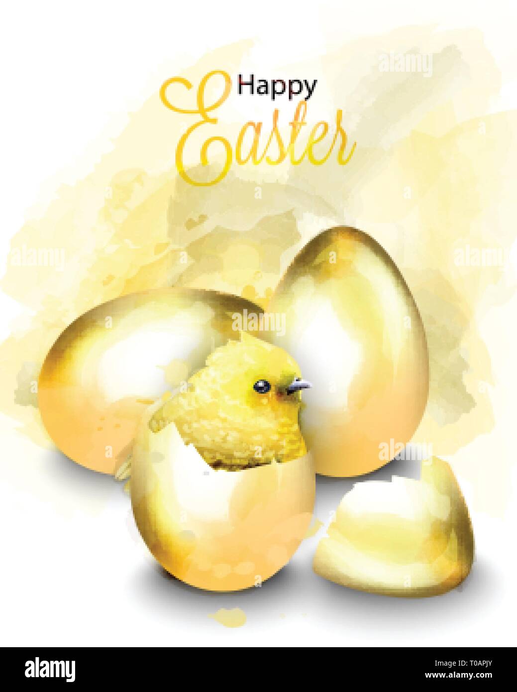 Happy Easter card with cute chicken Vector. Watercolor golden eggs ...