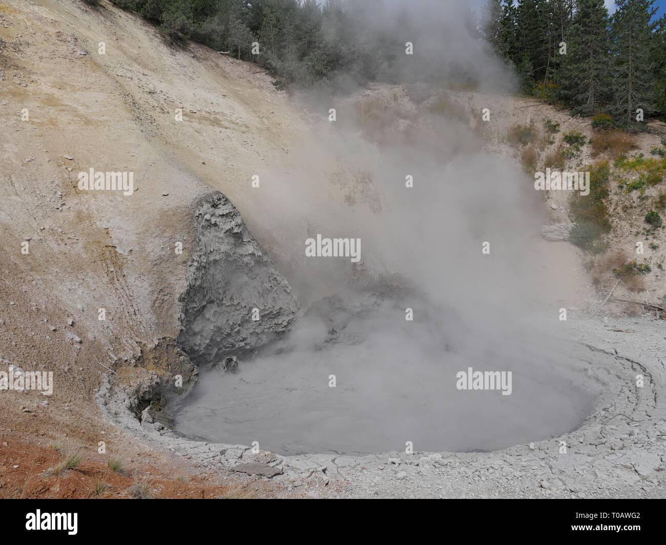 Semi side view of bubbling mud volcano with steam rising out of the ...