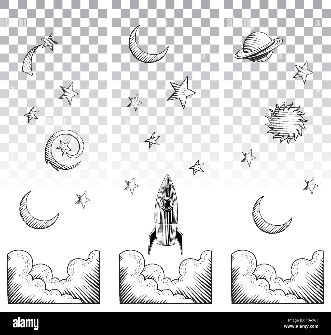 Vector Illustration of Scratchboard Style Ink Drawings of Sky Elements ...