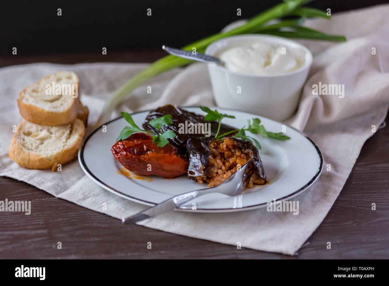 traditional Turkish food with dry eggplant and pepper stuffed with ...