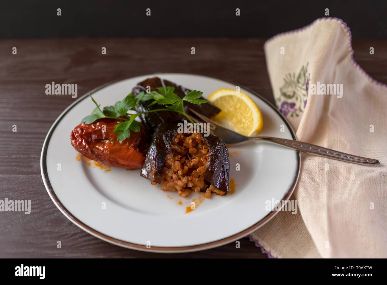 traditional Turkish food with dry eggplant and pepper stuffed with ...