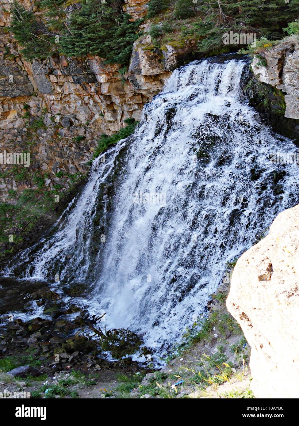 Wide top view of Rustic Falls along the Grand Loop Road at Yellowstone ...