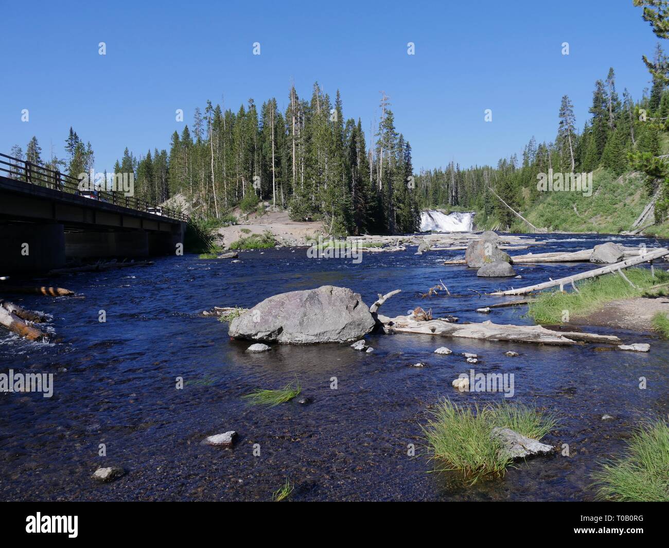 Wide shot of Lewis River with Lewis Falls and the bridge at Yellowstone ...
