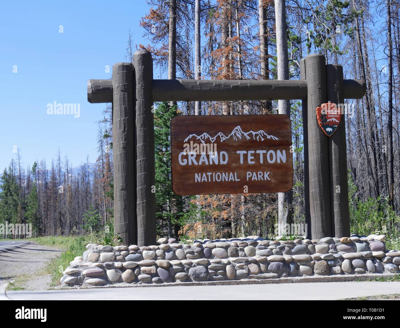 Grand Teton National Park sign close up on the boundary of Yellowstone ...