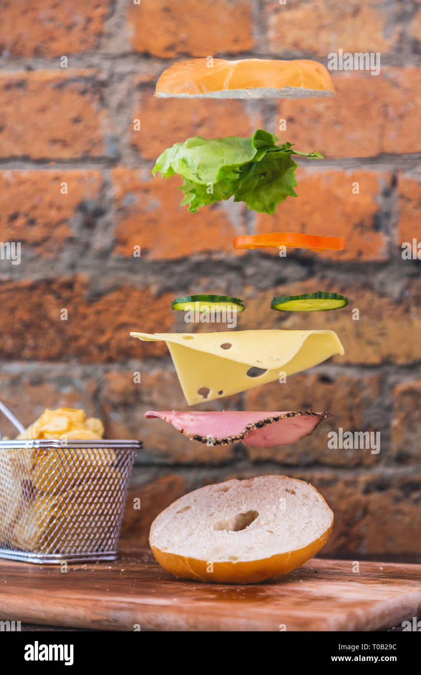 Bagel Sandwich Floating Levitation Falling Ingredients. Fresh and ...