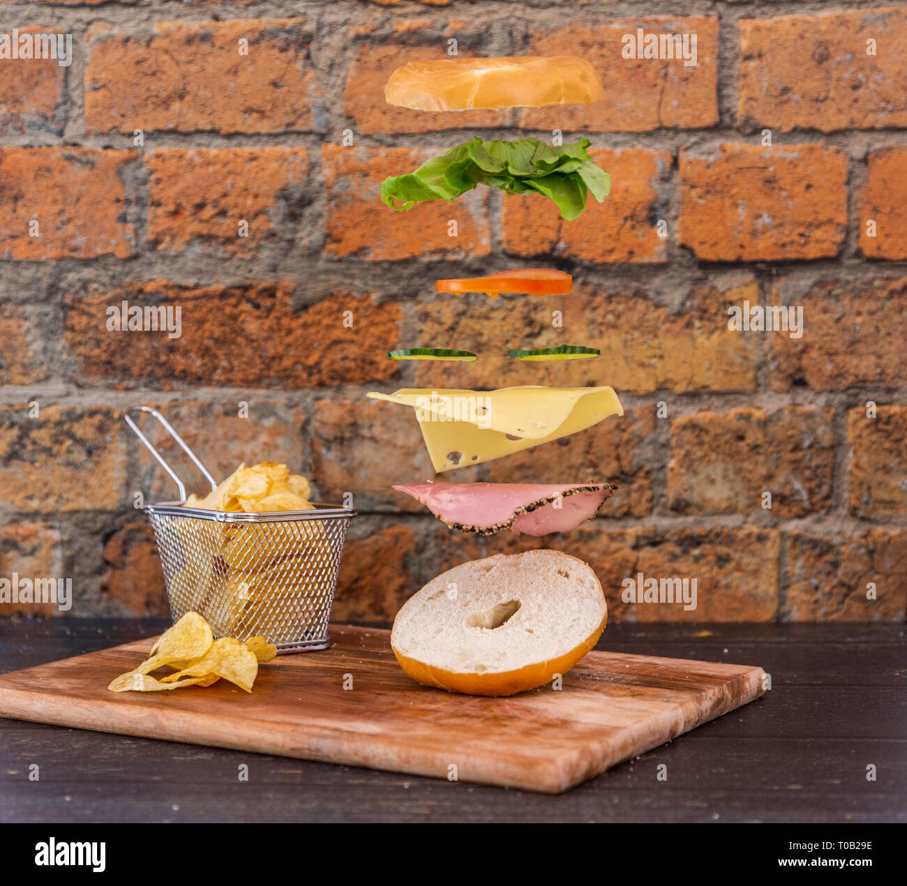 Bagel Sandwich Floating Levitation Falling Ingredients. Fresh and ...