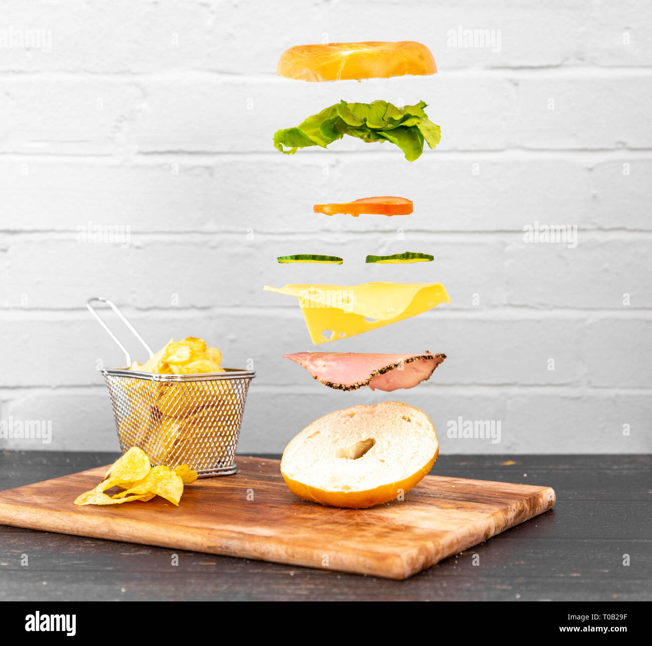 Bagel Sandwich Floating Levitation Falling Ingredients. Fresh and ...