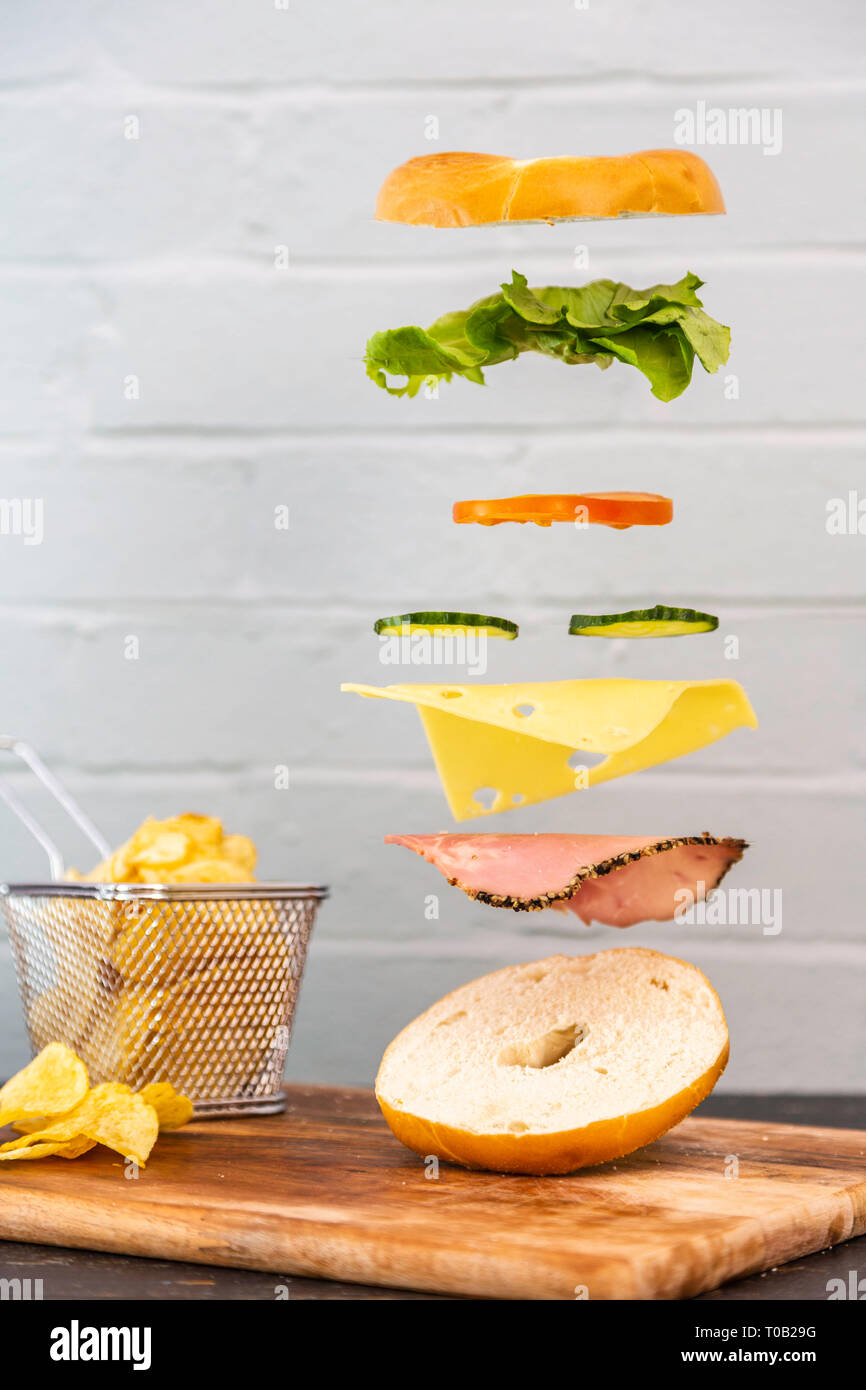 Bagel Sandwich Floating Levitation Falling Ingredients. Fresh and ...