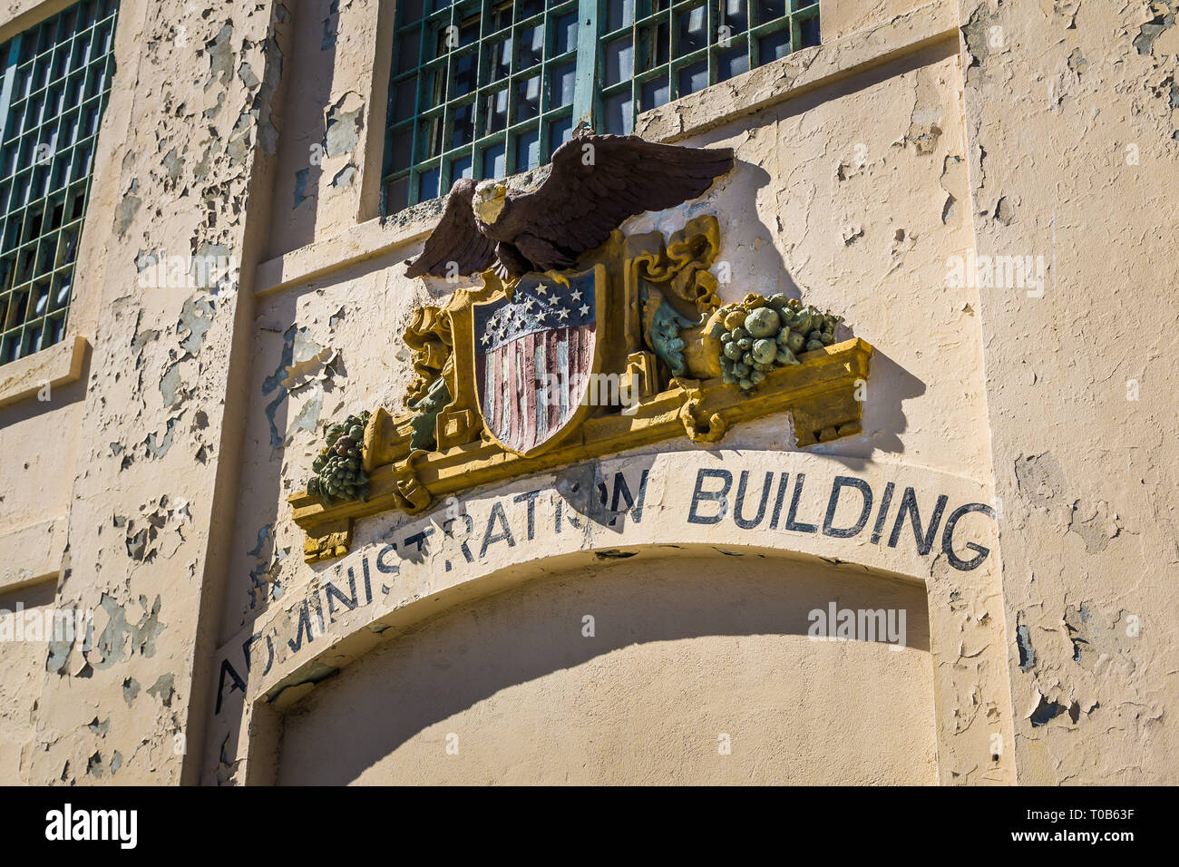 Visiting Alcatraz, picture shows the US crest over one of the prison's ...