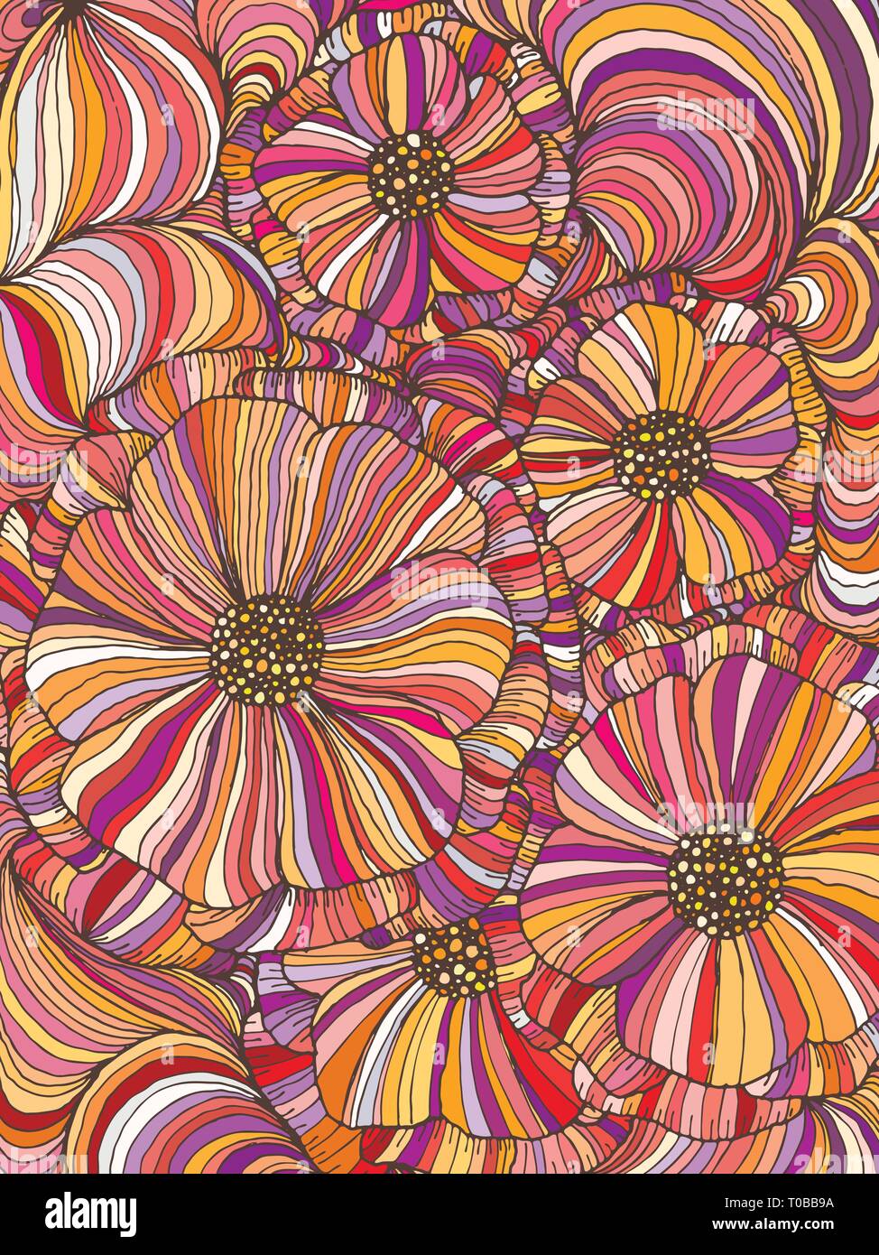 Vector doodle outline abstract ornamental flowers stripe background ...