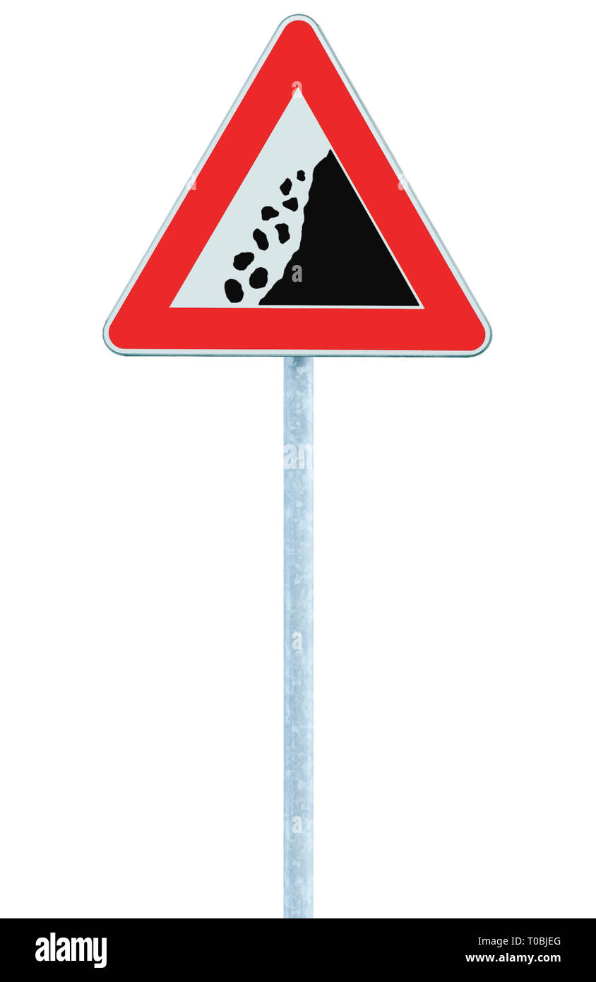 Falling rocks risk caution road sign on pole post, large detailed ...