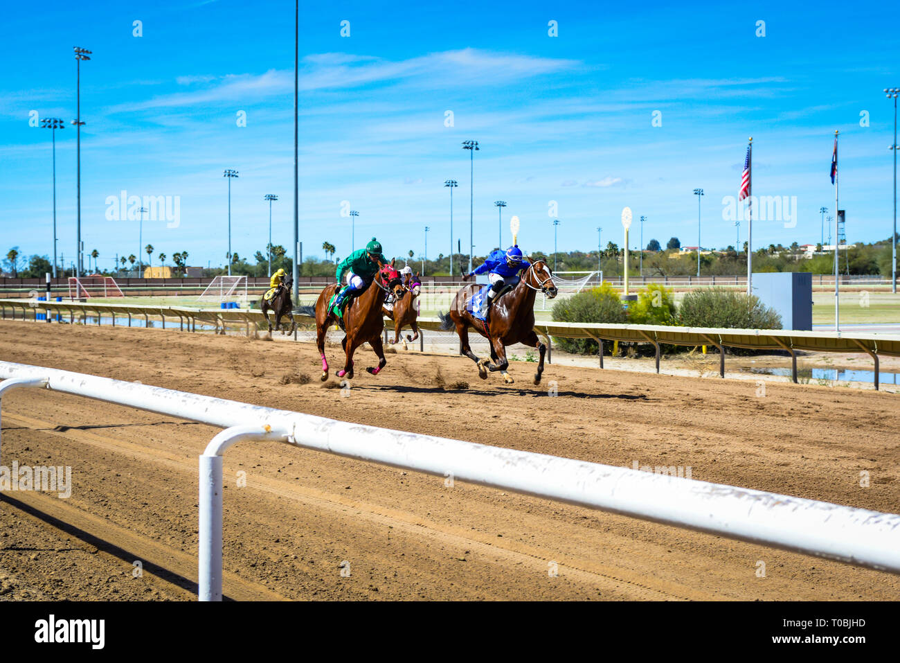 View of the final stretch for racehorses running for the finish line at ...
