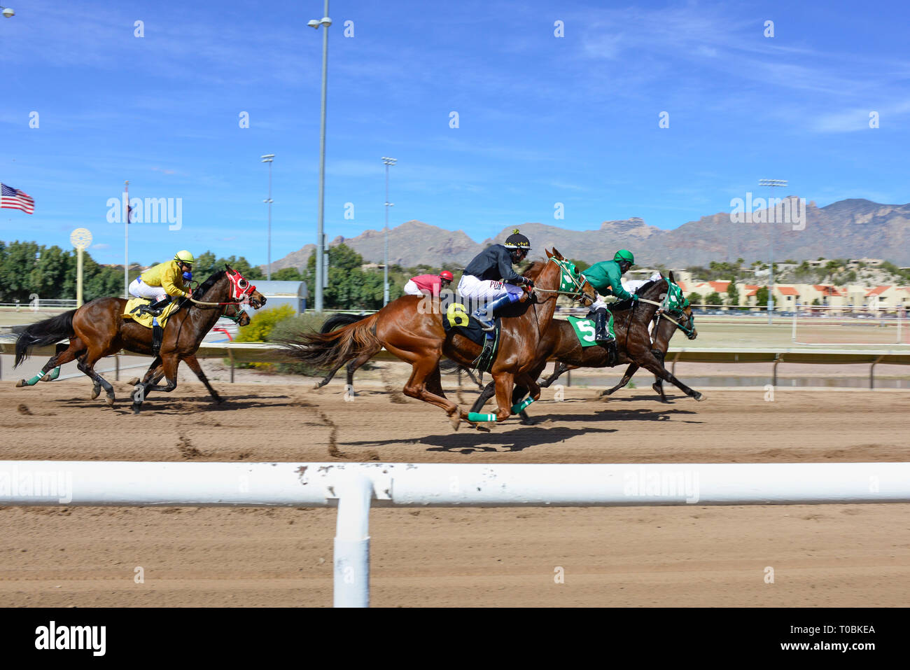 View of the final stretch for racehorses running for the finish line at ...