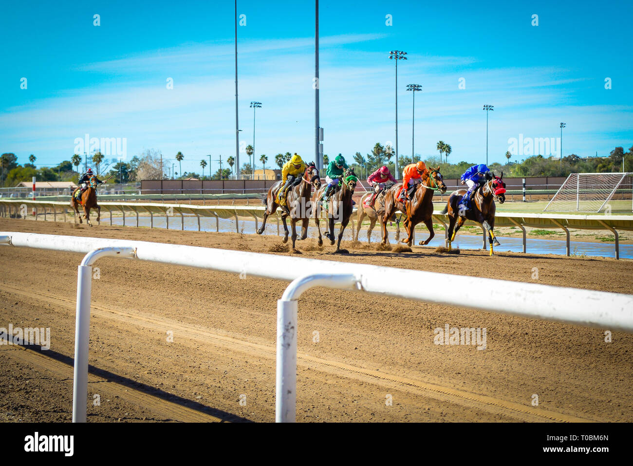 View of the final stretch for racehorses running for the finish line at ...