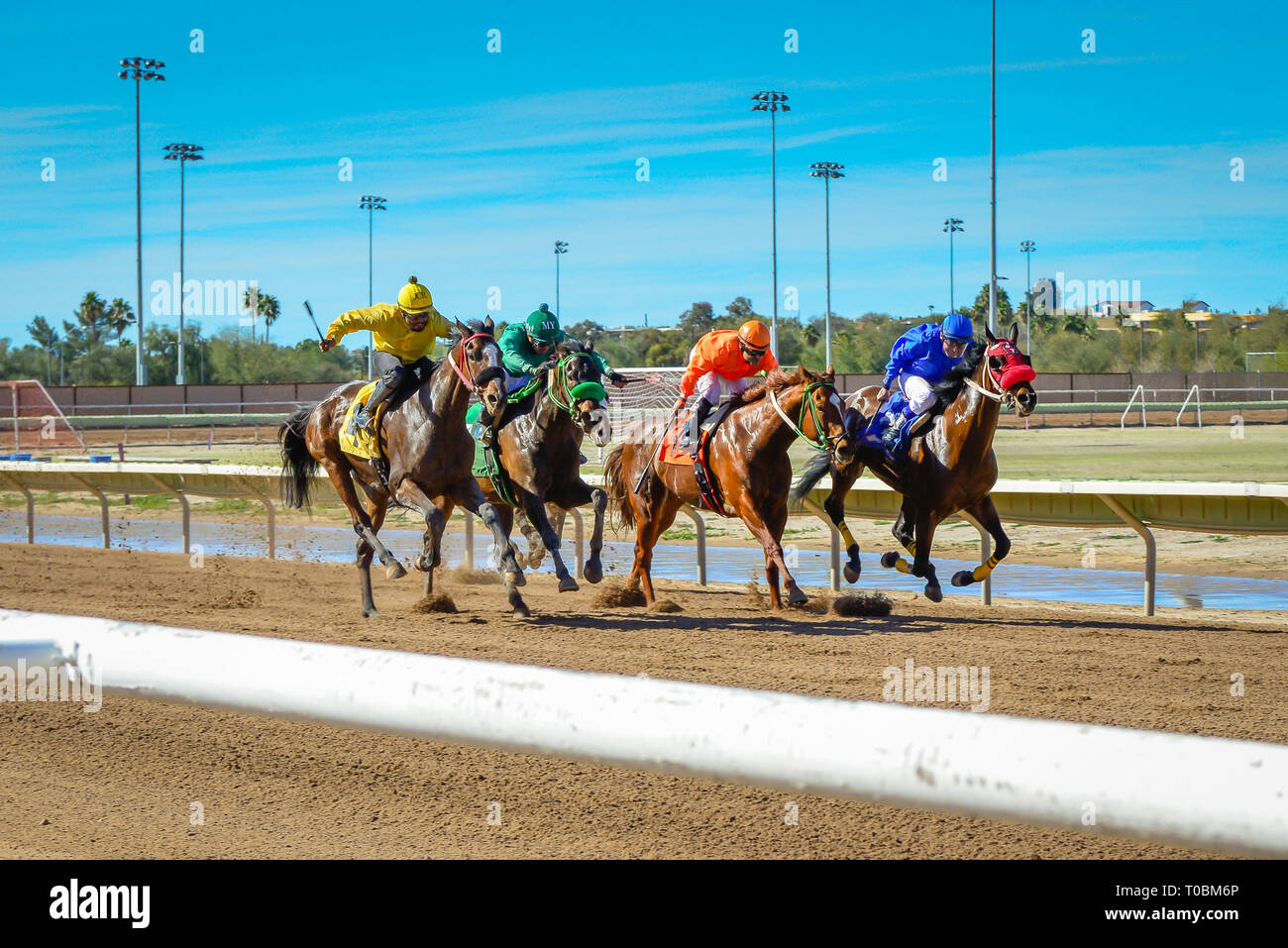 View of the final stretch for racehorses running for the finish line at ...