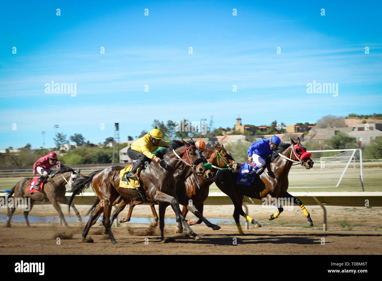 View of the final stretch for racehorses running for the finish line at ...