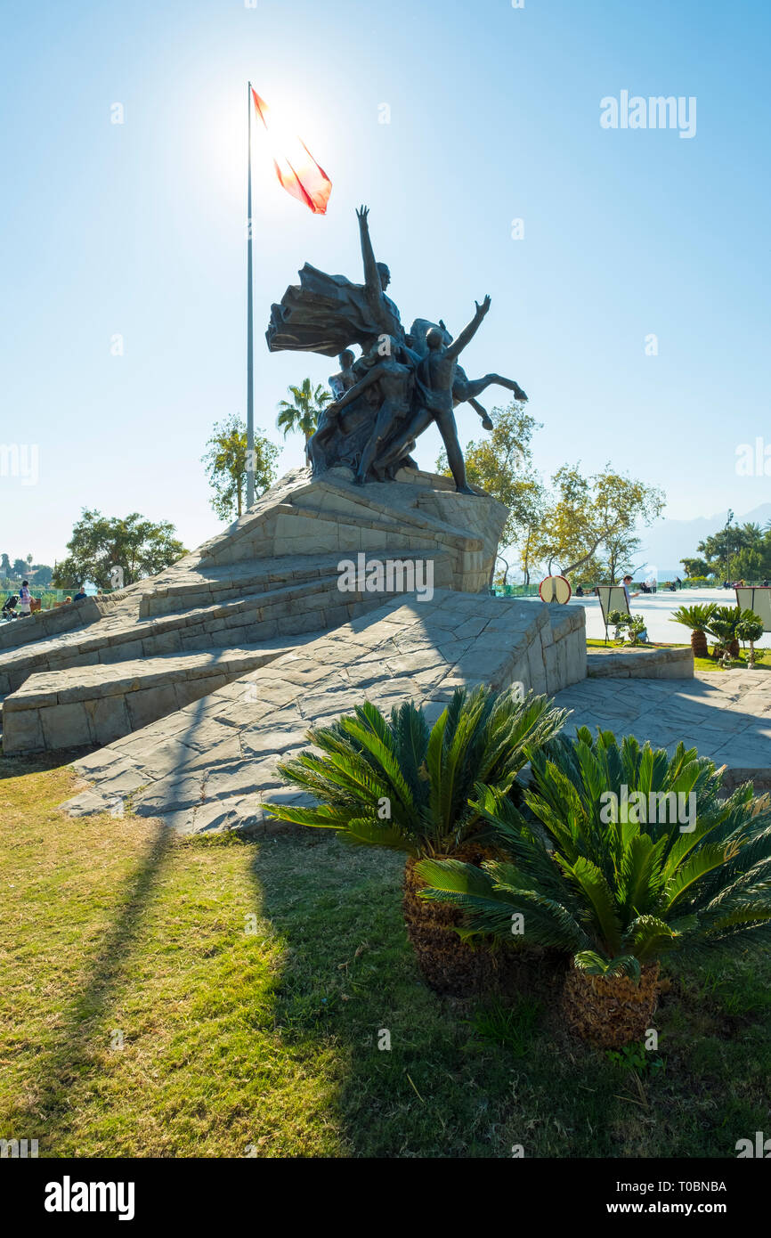 The Ataturk monument and Turkish flag at Tophane Park in Antalya ...
