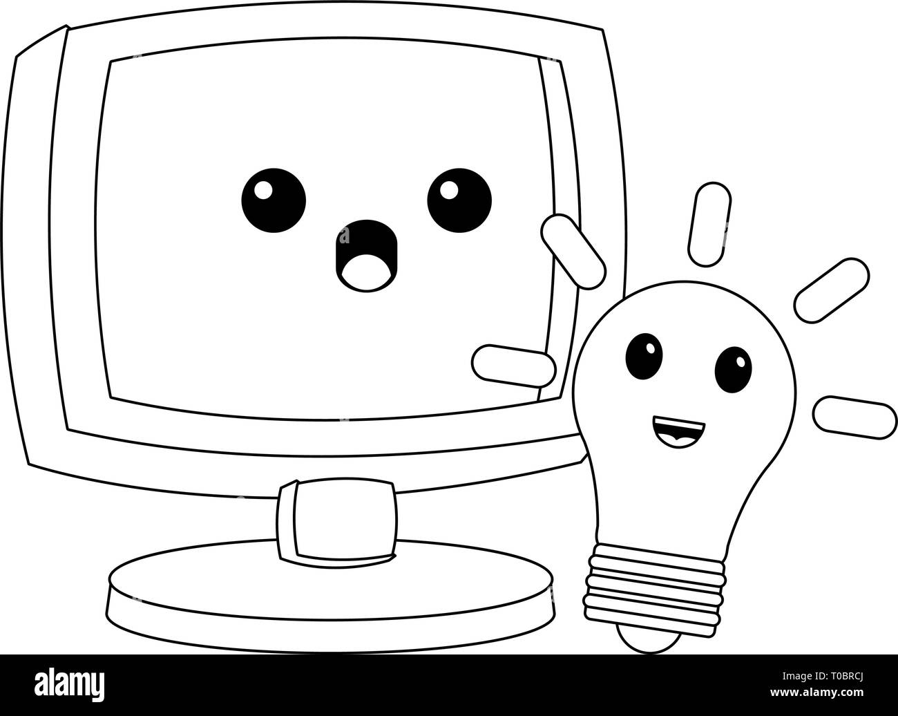 Computer and bulb light idea kawaii cartoon in black and white Stock ...