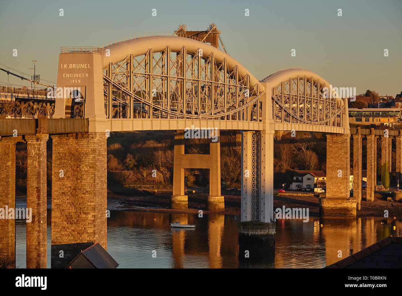 A dusk view of the Tamar Bridges, across the Hamoaze, estuary of the ...