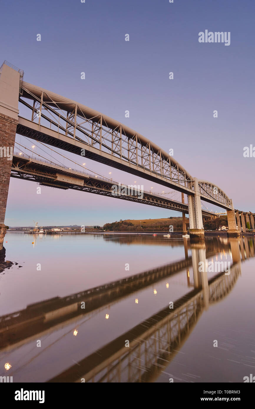 A dusk view of the Tamar Bridges, across the Hamoaze, estuary of the ...
