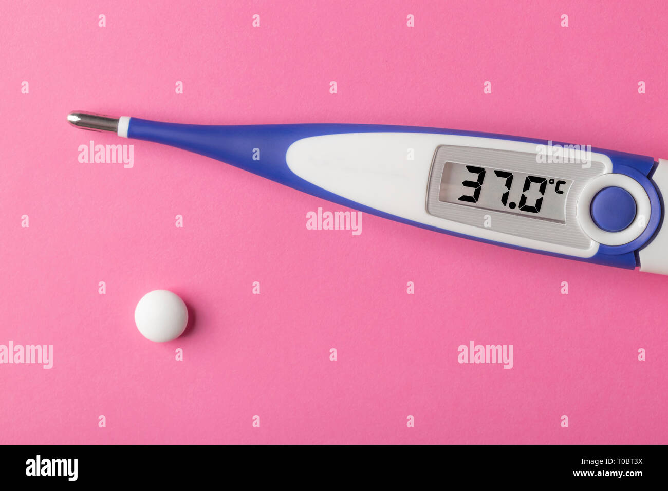 White-blue thermometer with a high temperature of 37.0 degrees Celsius ...