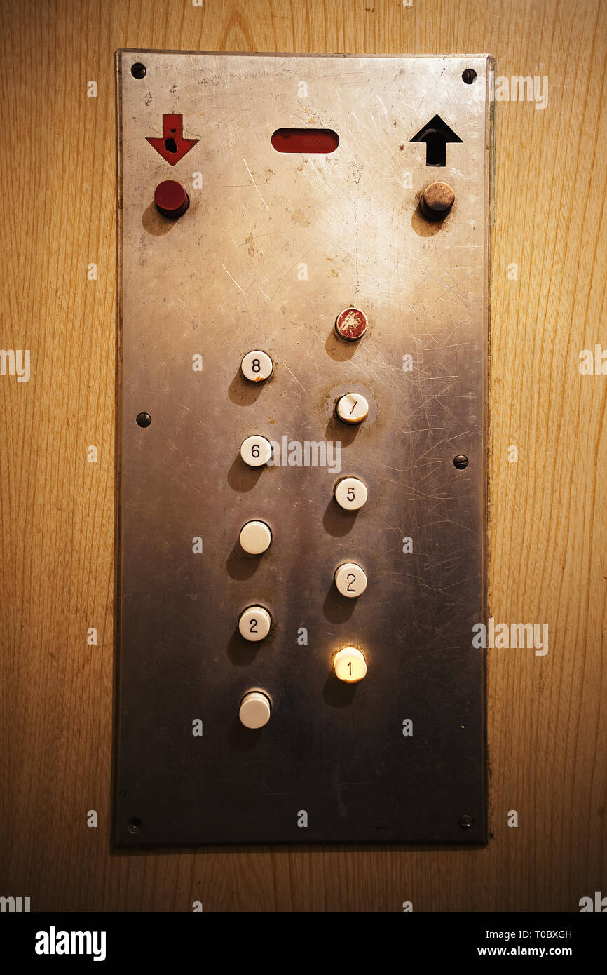Details of an old elevator, close-up view on elevator buttons Stock ...