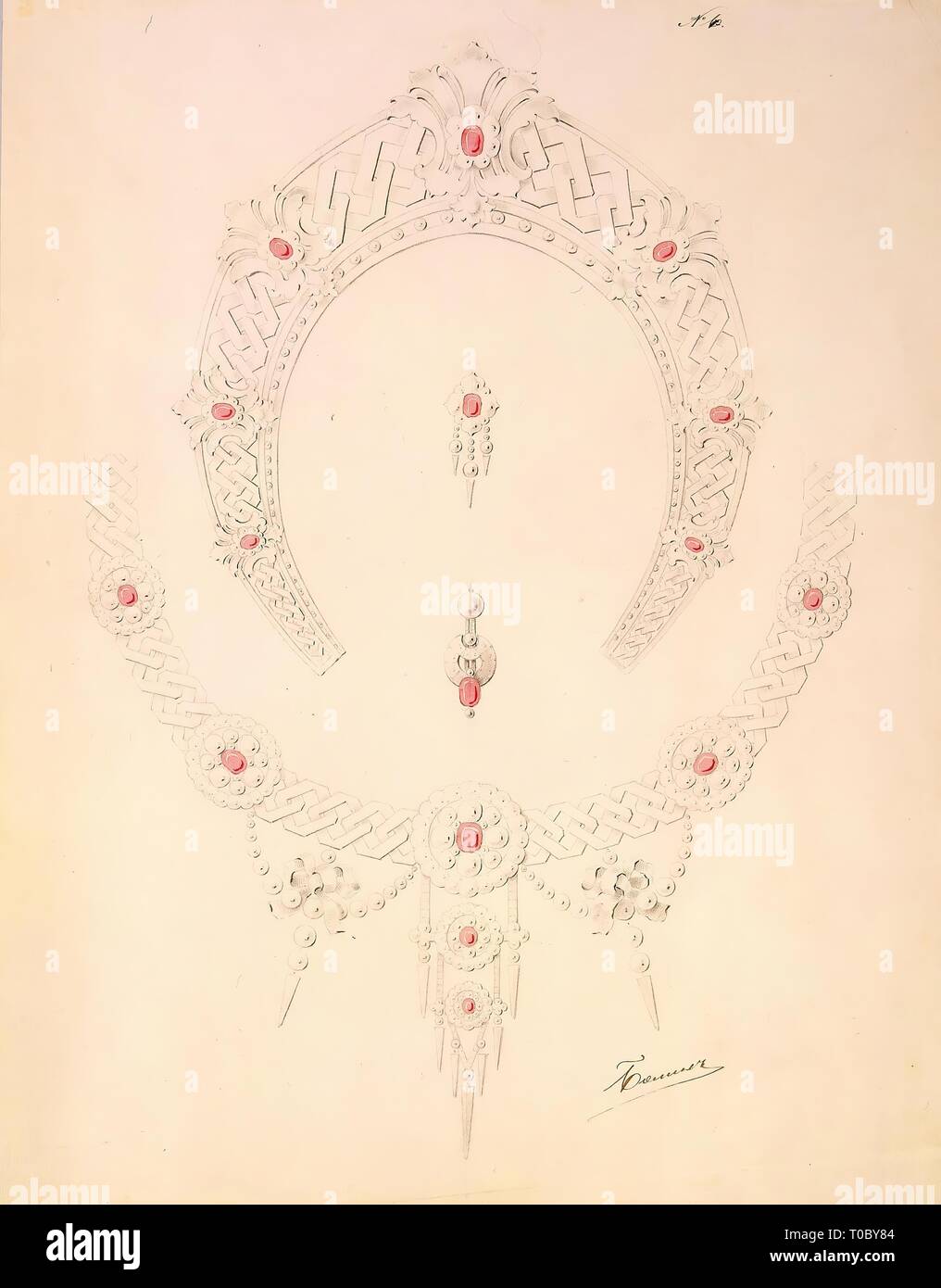 'Drawing of a Diadem, Necklace and Two Pairs of Diamond, Ruby, Pearl ...