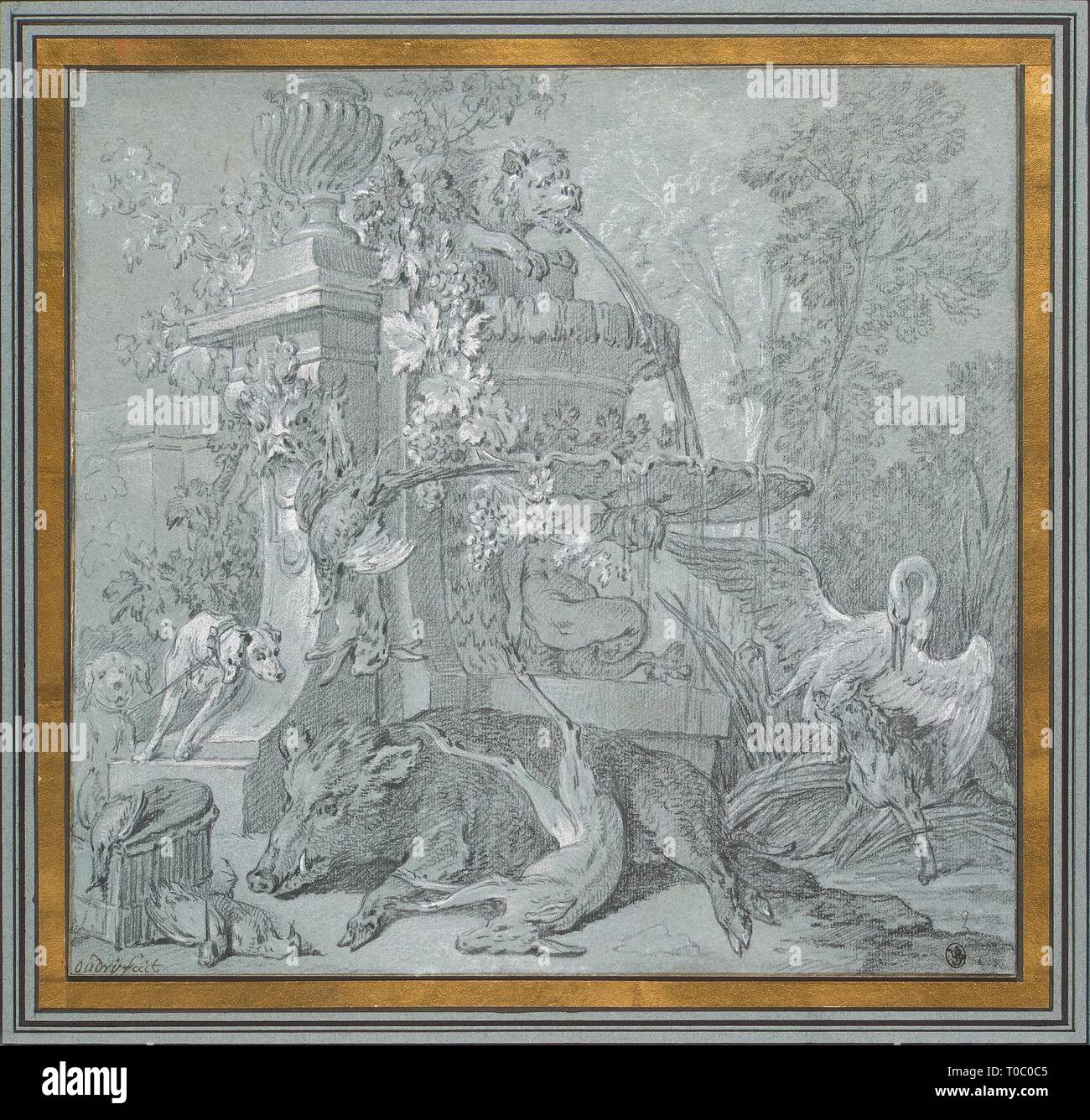 'Hunting Trophies by a Fountain'. France, 1742. Dimensions: 31,5x33 cm ...