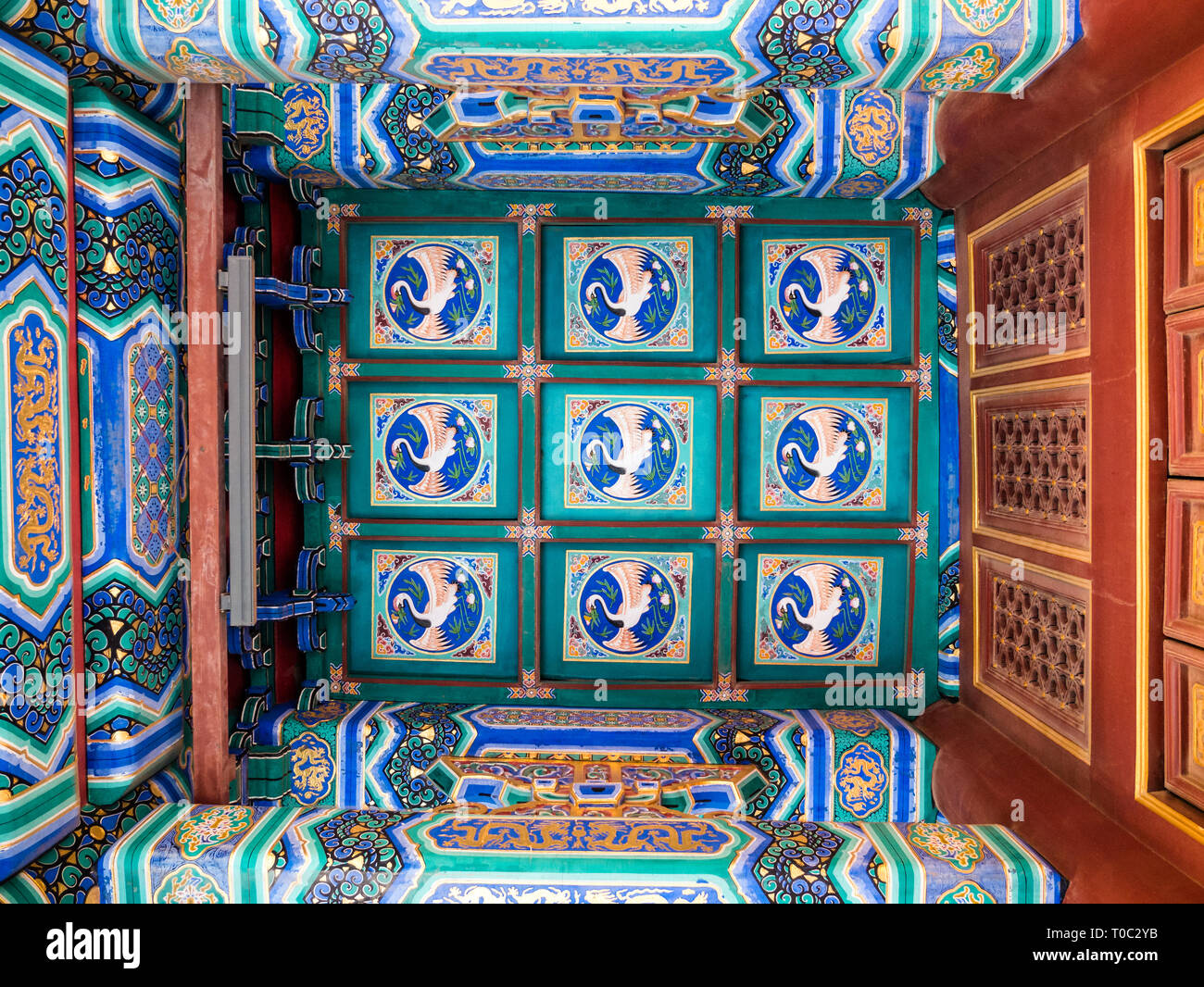Traditional Chinese pavilion ornament mosaics with swans, Jingshan Park ...