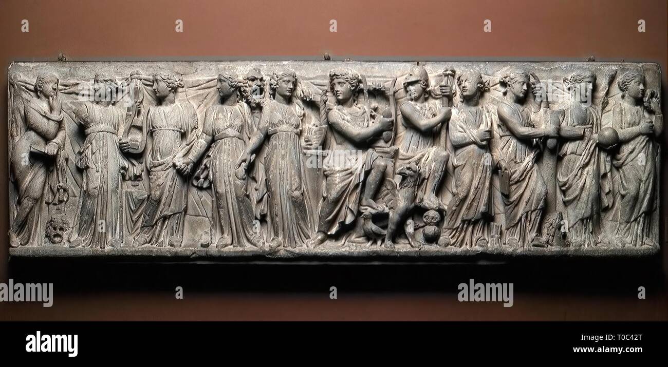 'Sarcophagus Panel: Athena, Muses and Apollo'. Ancient Rome, Mid-3rd ...