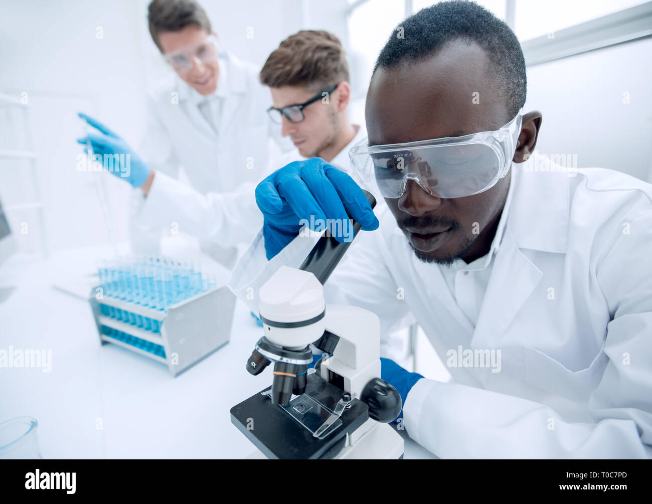 Scientists observing sample in microscope hi-res stock photography and ...
