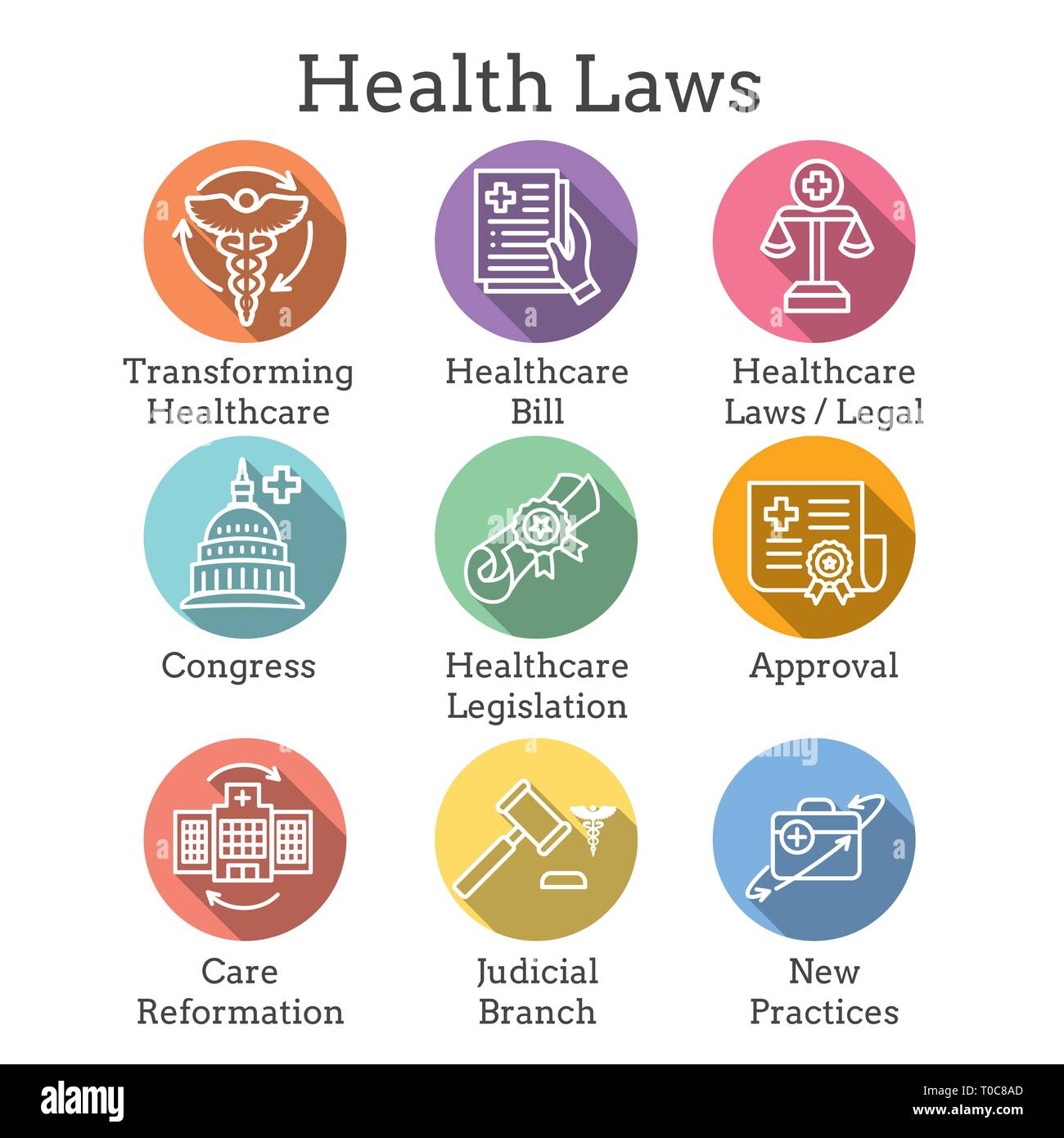 Health Laws and Legal icon set | various aspects of the legal system ...