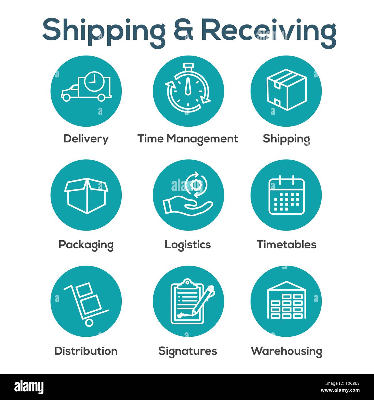 Shipping and Receiving Icon Set w Boxes, Warehouse, checklist, etc ...