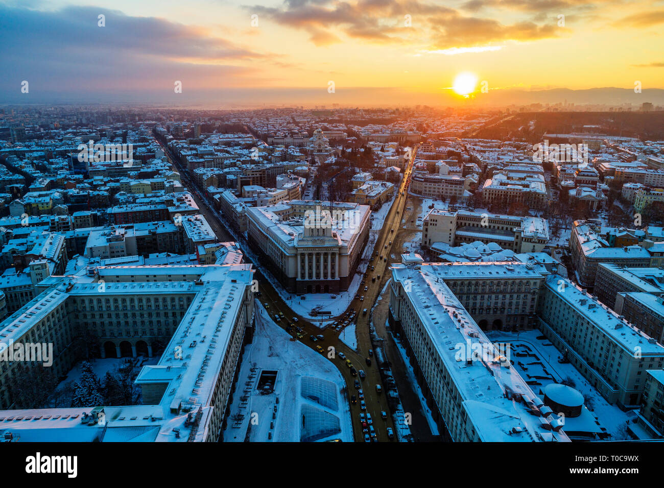 Europe, Bulgaria Sofia, aerial view of the National Assembly building ...