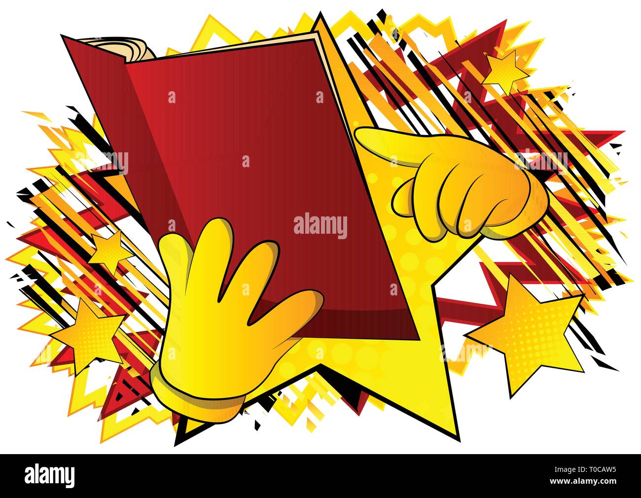 Vector cartoon hand holding and pointing at an opened book. Illustrated ...