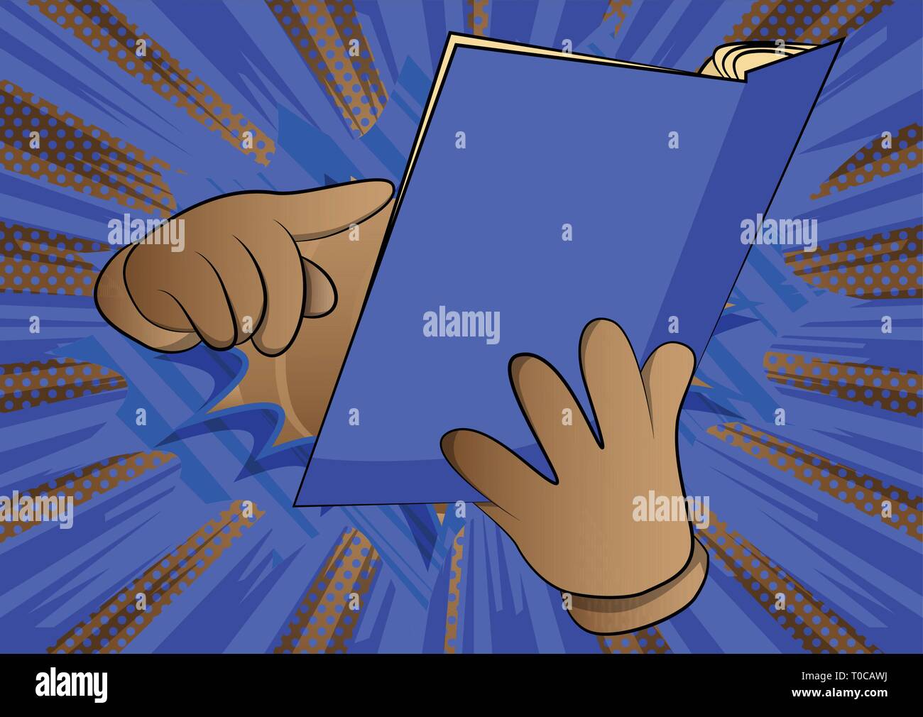 Vector cartoon hand holding and pointing at an opened book. Illustrated ...
