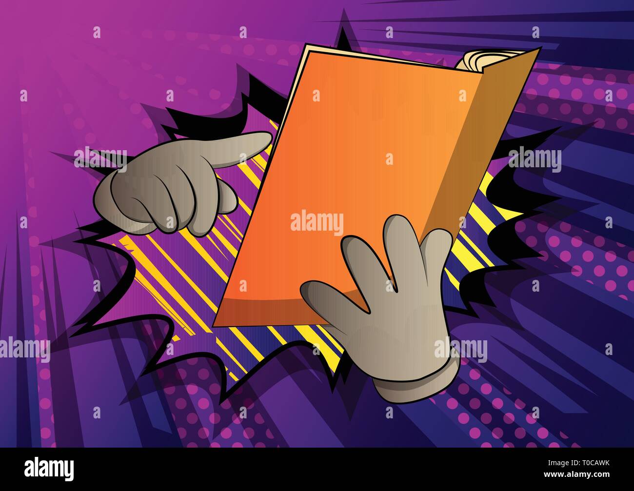 Vector cartoon hand holding and pointing at an opened book. Illustrated ...
