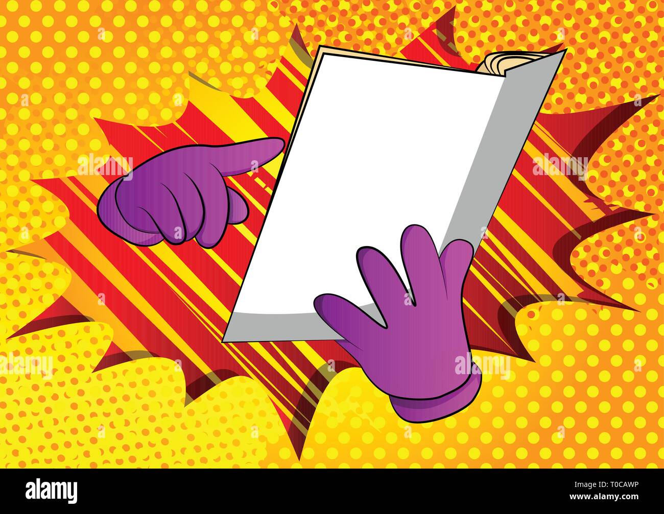 Vector cartoon hand holding and pointing at an opened book. Illustrated ...