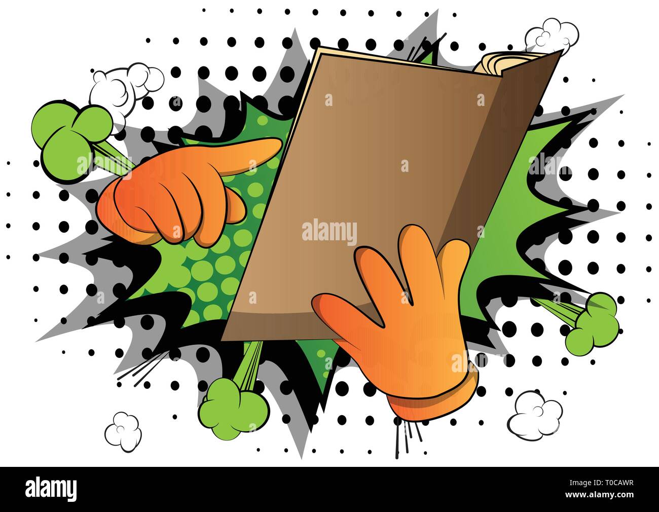 Vector cartoon hand holding and pointing at an opened book. Illustrated ...