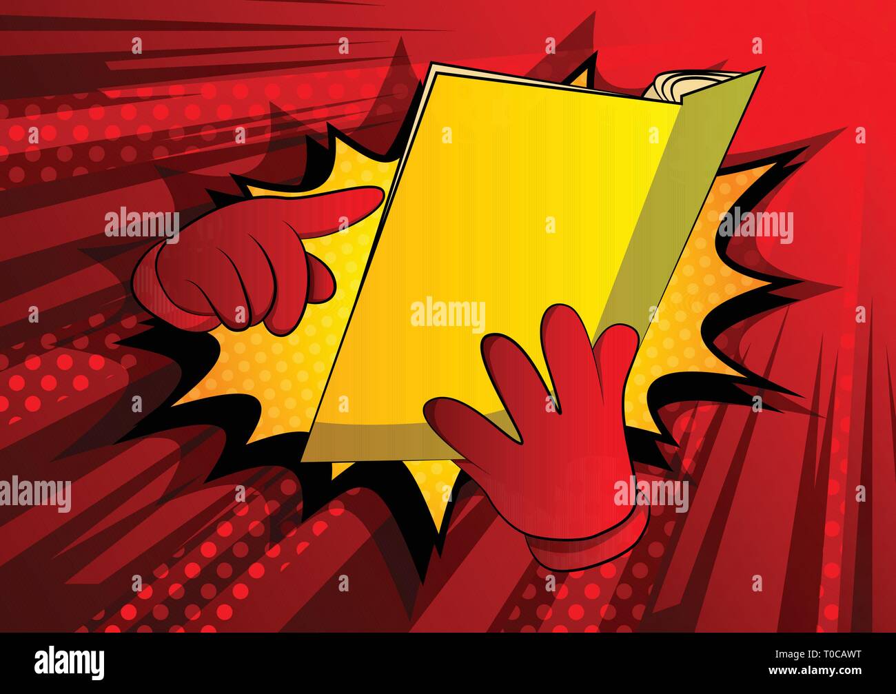 Vector cartoon hand holding and pointing at an opened book. Illustrated ...