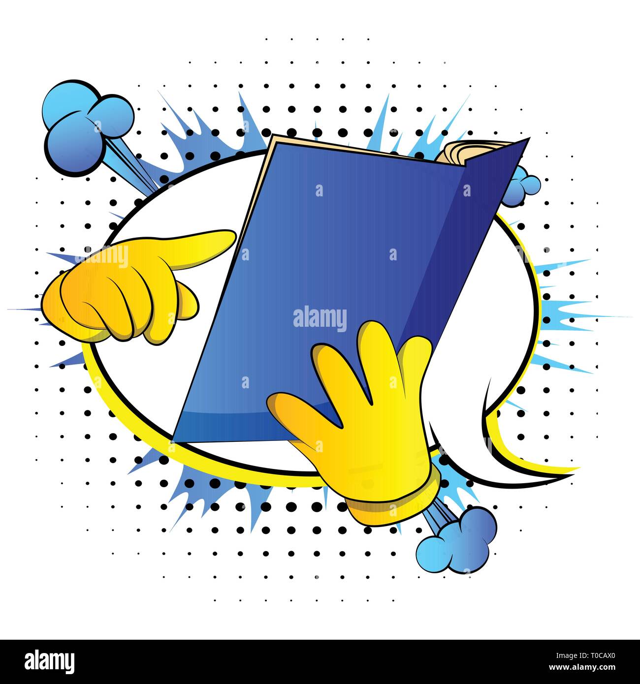 Vector cartoon hand holding and pointing at an opened book. Illustrated ...