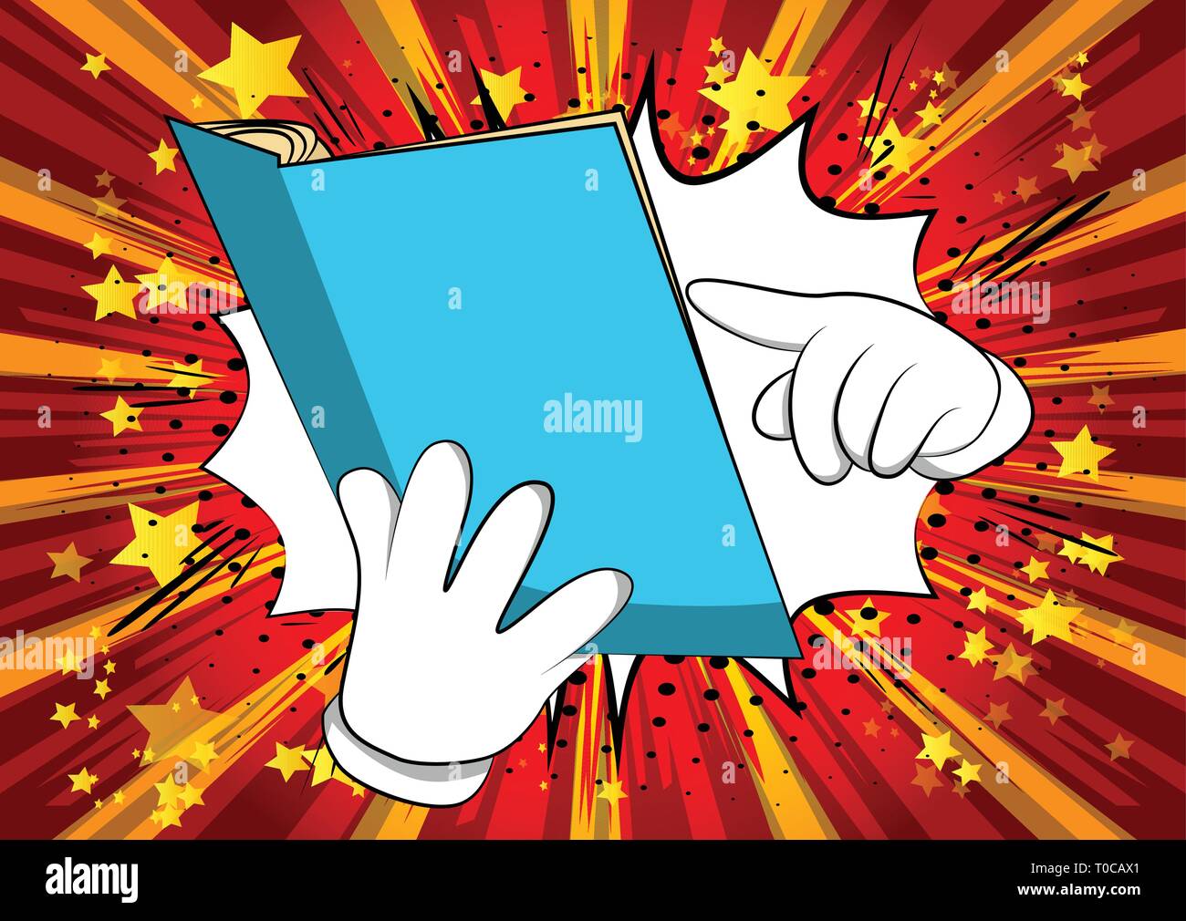 Vector cartoon hand holding and pointing at an opened book. Illustrated ...