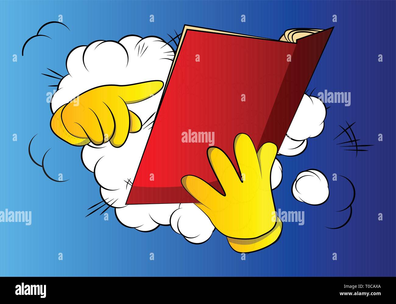 Vector cartoon hand holding and pointing at an opened book. Illustrated ...