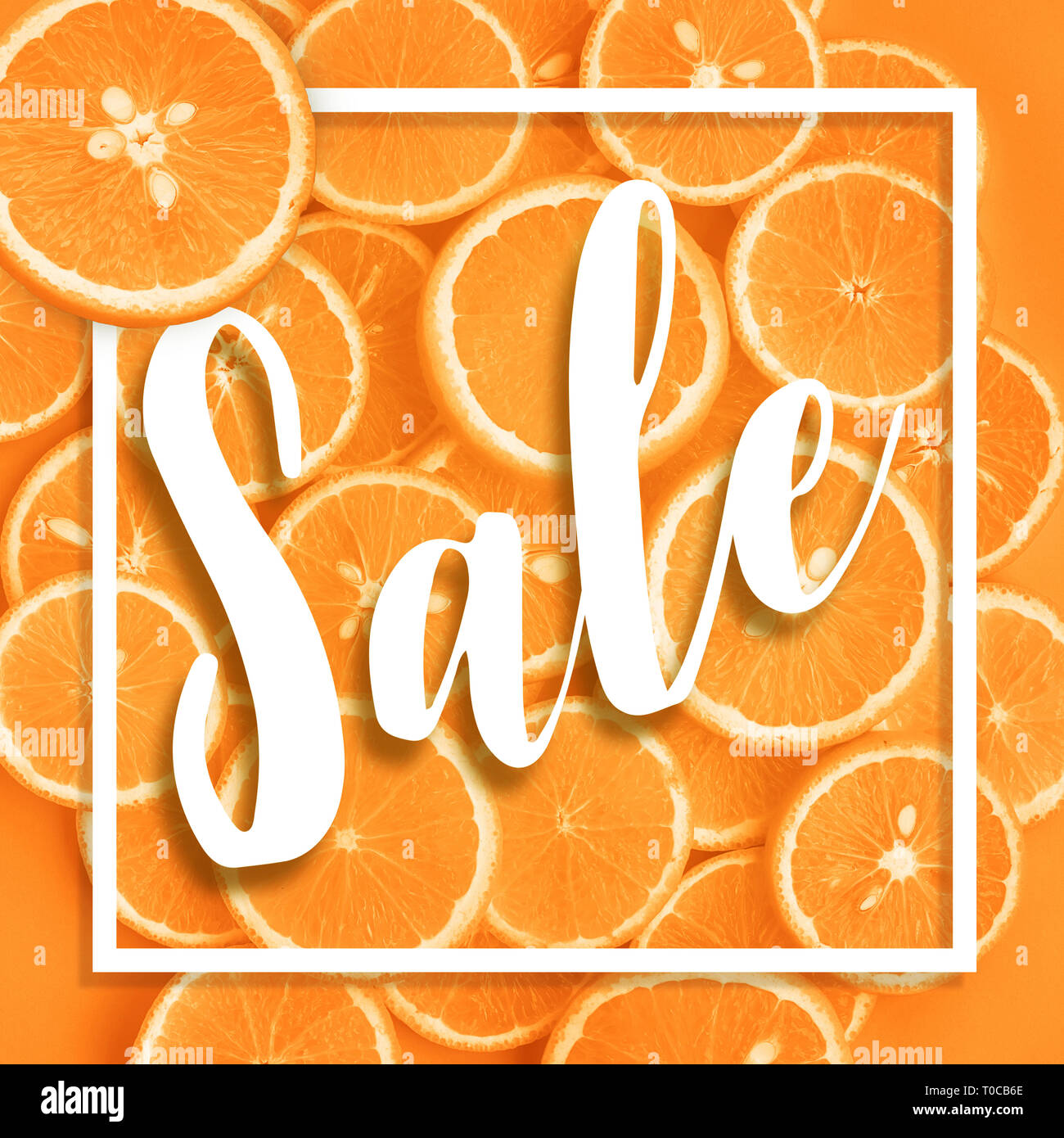Top view of orange fruit pattern with sale text on frame template ...